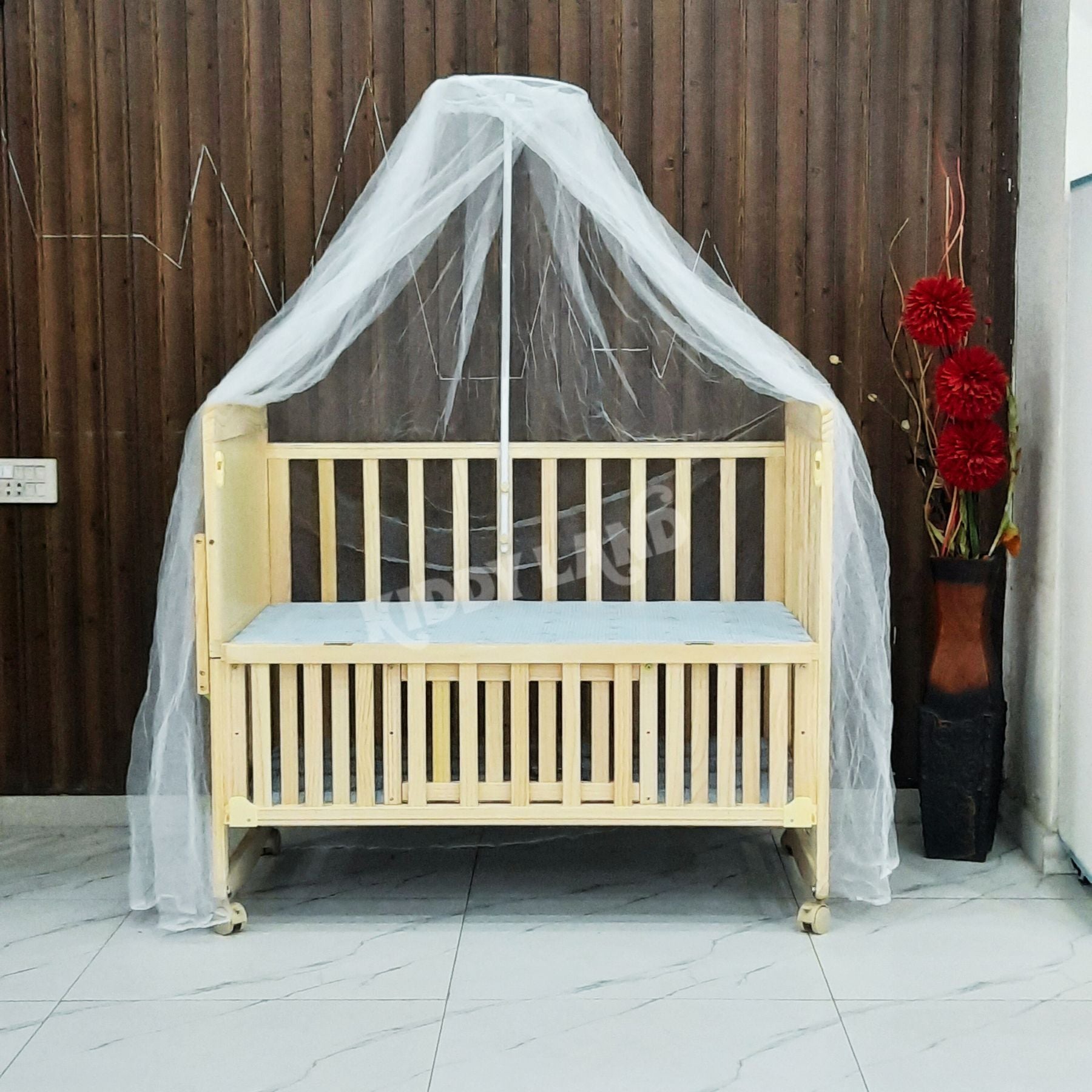 Premium Wooden Baby Cot With Rocking & Side Ladder – Natural Finish