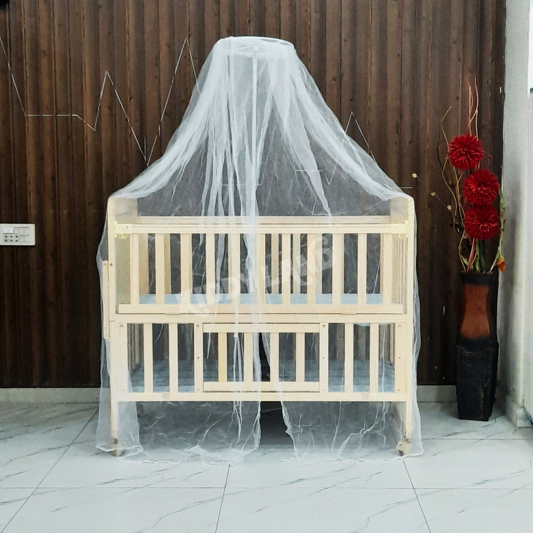 Premium Wooden Baby Cot With Rocking & Side Ladder – Natural Finish